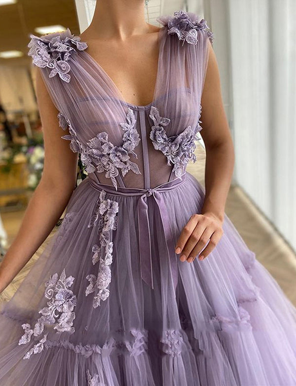 Dressself Robe de Bal Longue Lilas à Col en V Robe de Soirée