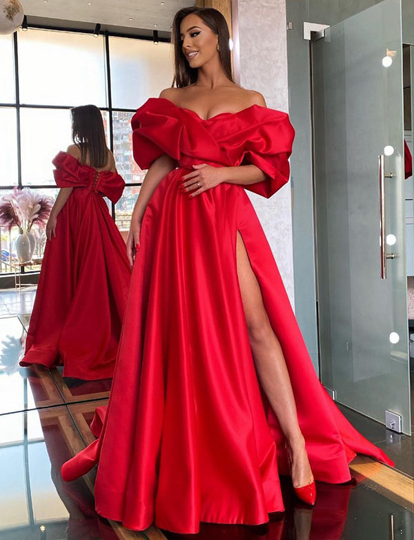 Dressself Robe de Soirée en Satin Rouge à Manches Bouffantes